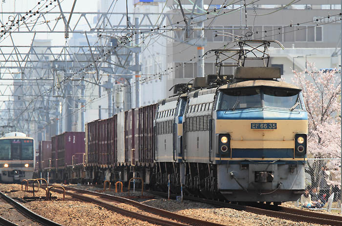 2077レ EF66-35+EF66-33 さくら夙川 : 線路脇の小道