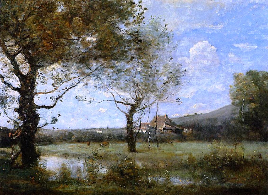 A Meadow with two large trees. Jean Baptiste Corot: Ville d' Avray ...