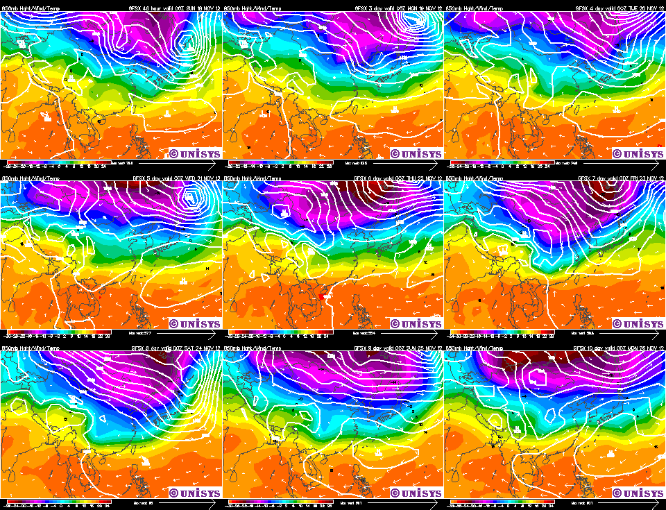 Unisys Weather 9day GFSx 850 mb Plot for East Asia（2012年11月16日版 ...
