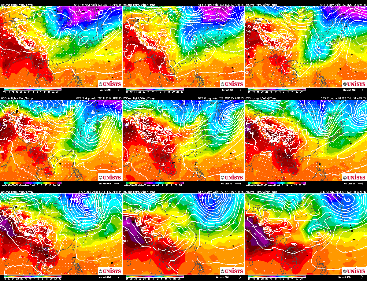 Unisys Weather GFS - EA - 850mb - 9Panel for East Asia（2015年4月10日版）＋1ヶ月 ...
