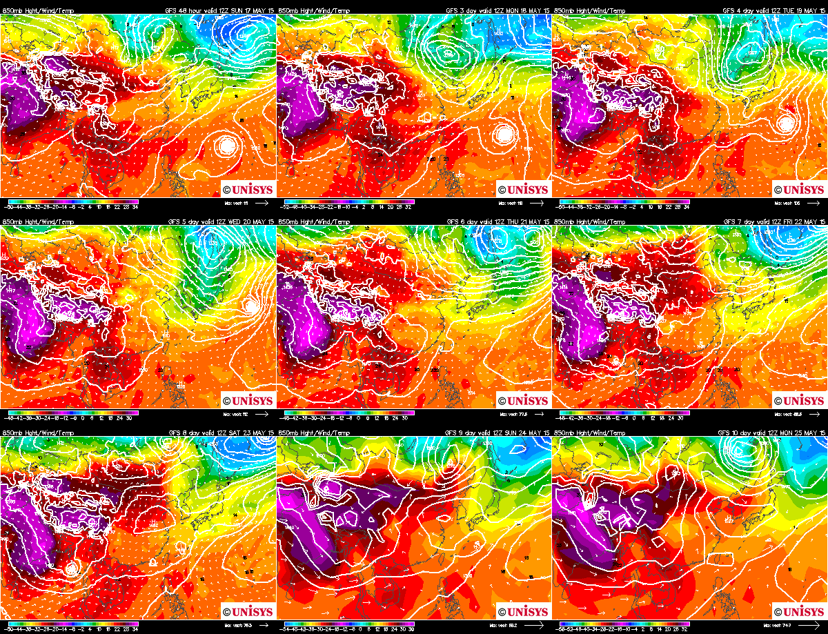 Unisys Weather GFS - EA - 850mb - 9Panel for East Asia（2015年5月16日版）＋1ヶ月 ...
