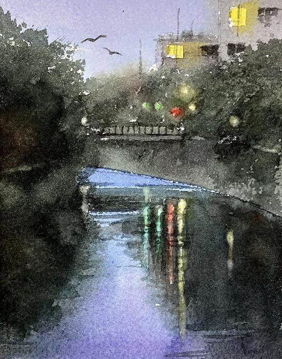 上大岡 大岡川トワイライト : 赤坂孝史の水彩画 AKASAKA TAKASHI watercolor
